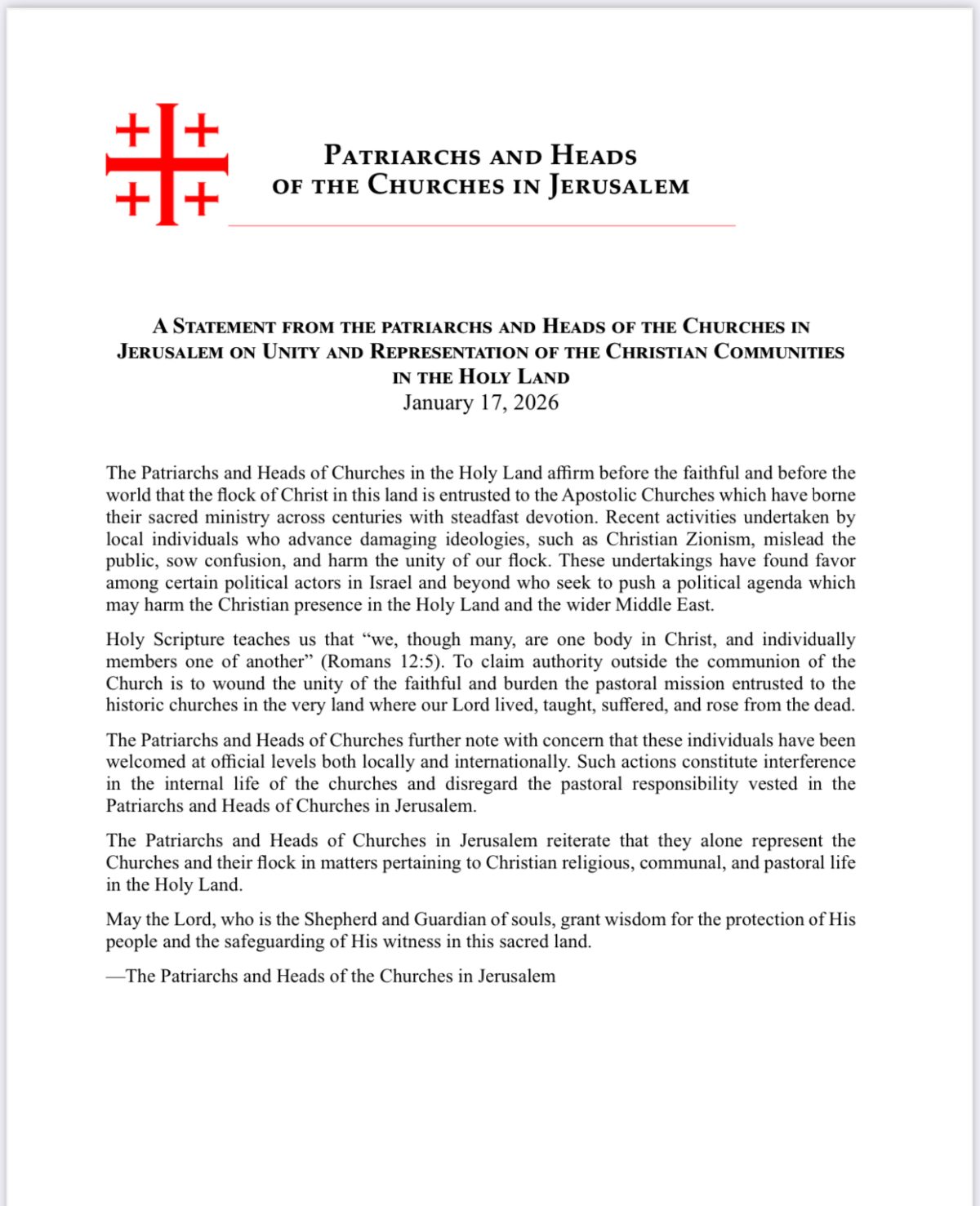 A STATEMENT FROM THE PATRIARCHS AND HEADS OF THE CHURCHES IN JERUSALEM ...